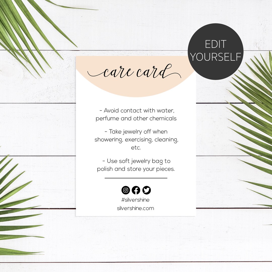 Care Card, Care Instructions Card, Care Card Template, Jewelry Care ...
