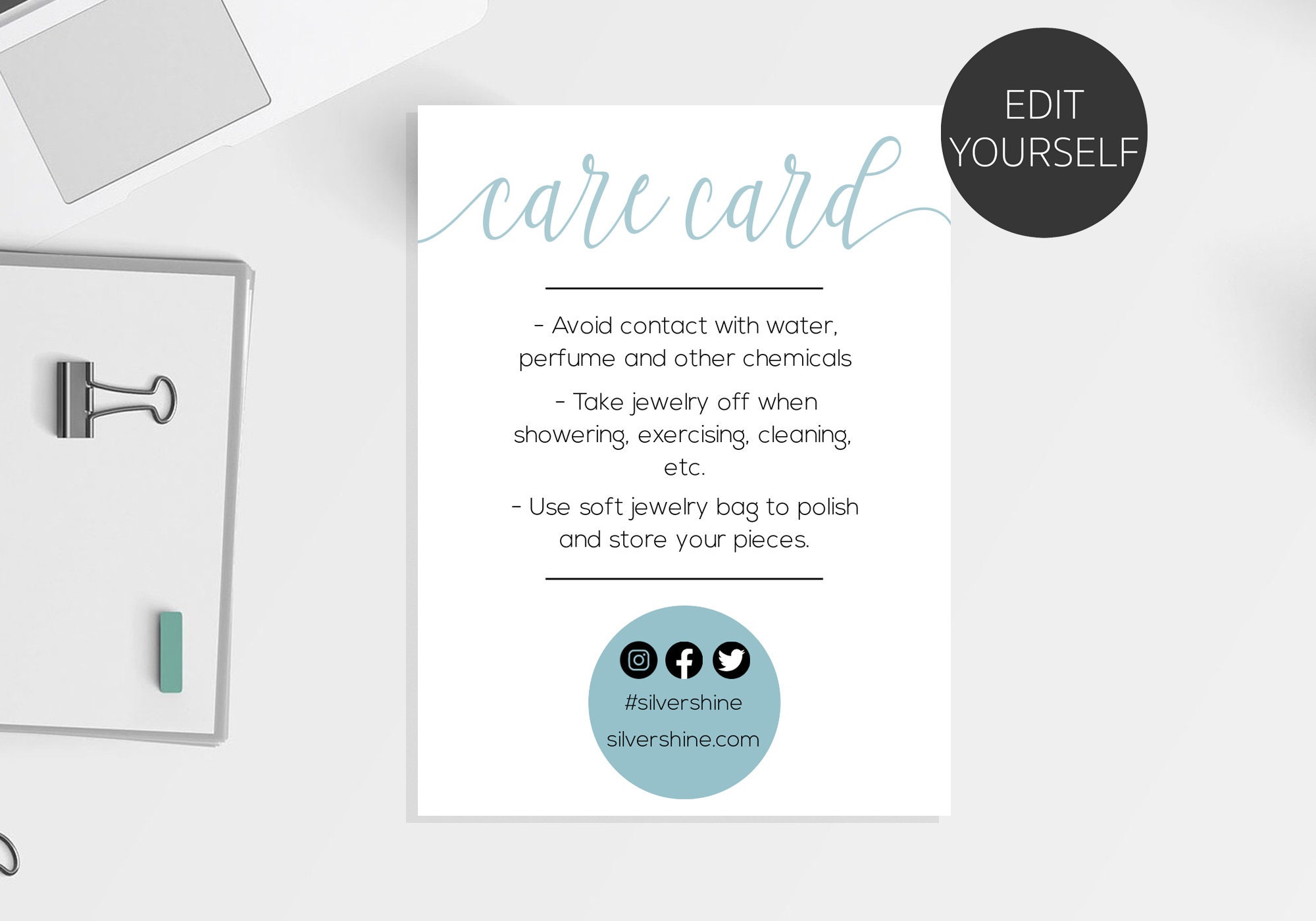 Care Instructions Card 100% Editable Jewelry Care Card Insert Care Card ...