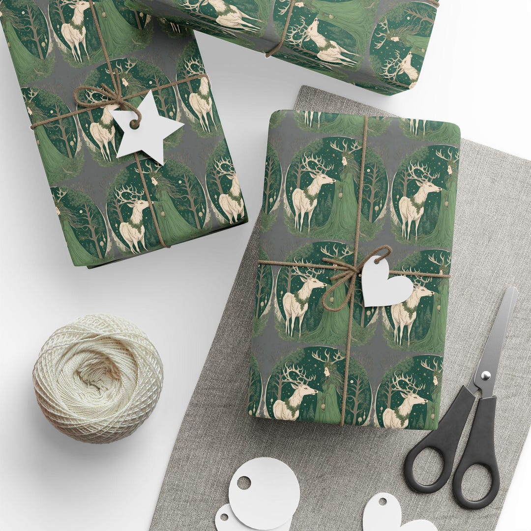 Wrapping Papers Set, Yule Witch in Grays and Greens, Christmas Gift ...
