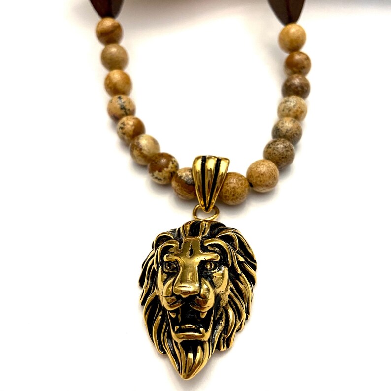 Hebrew Necklace Natural Stone Jasper Gold Lion of Judah Pendant, Hebrew ...