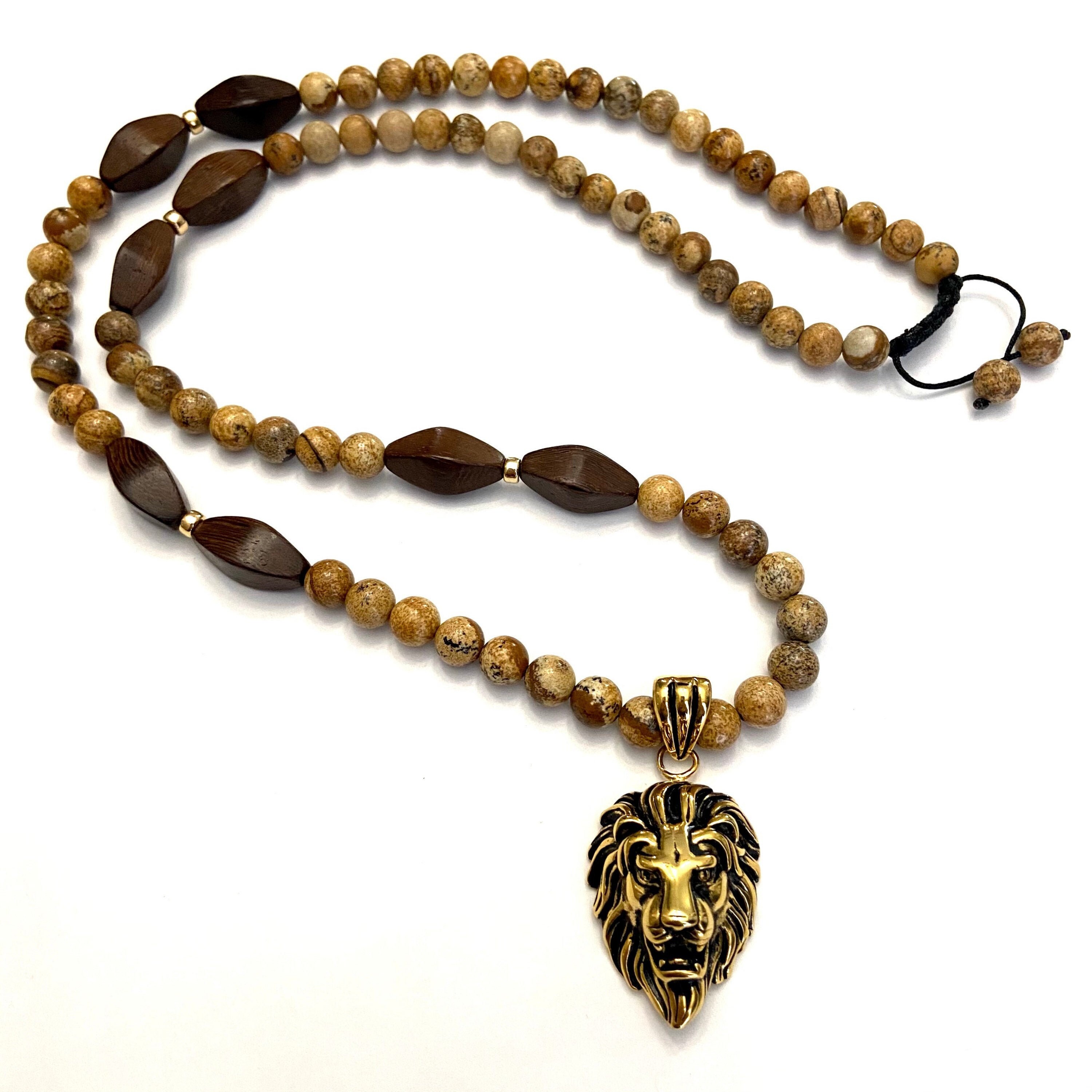 Hebrew Necklace Natural Stone Jasper Gold Lion of Judah Pendant, Hebrew ...