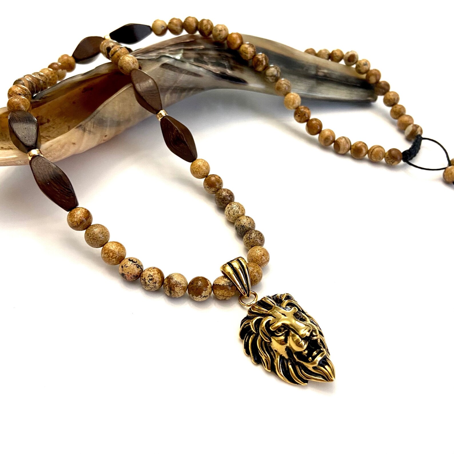 Hebrew Necklace Natural Stone Jasper Gold Lion of Judah Pendant, Hebrew ...