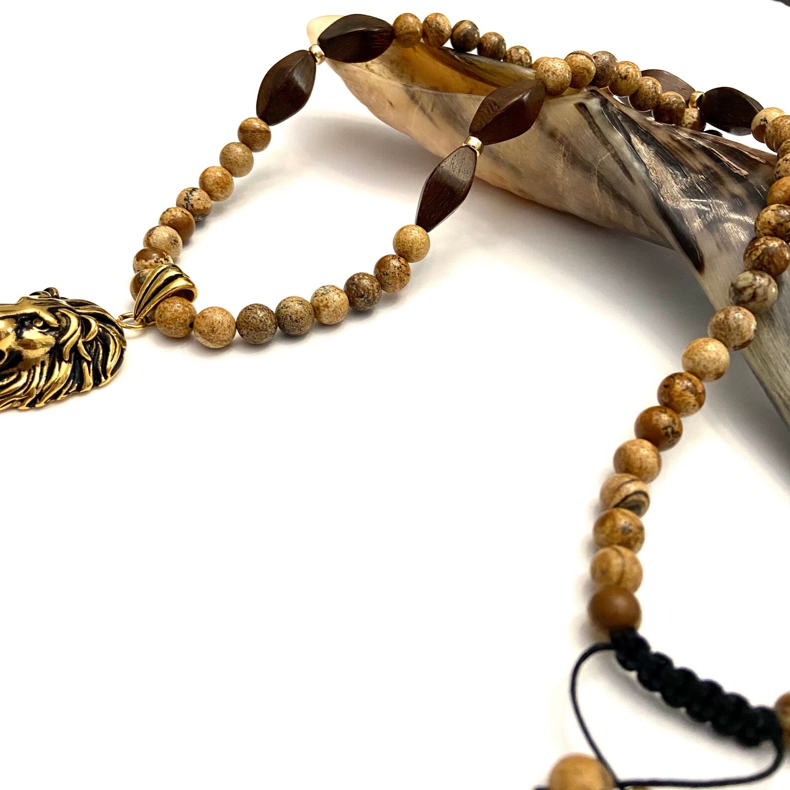 Hebrew Necklace Natural Stone Jasper Gold Lion of Judah Pendant, Hebrew ...