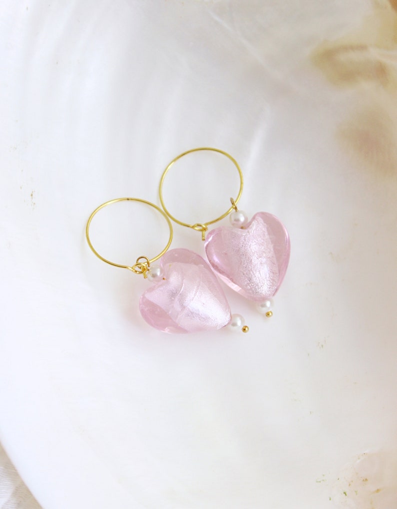 Murano-style Puffed Heart Gold Hoop Earrings QUEEN OF HEARTS Heart ...