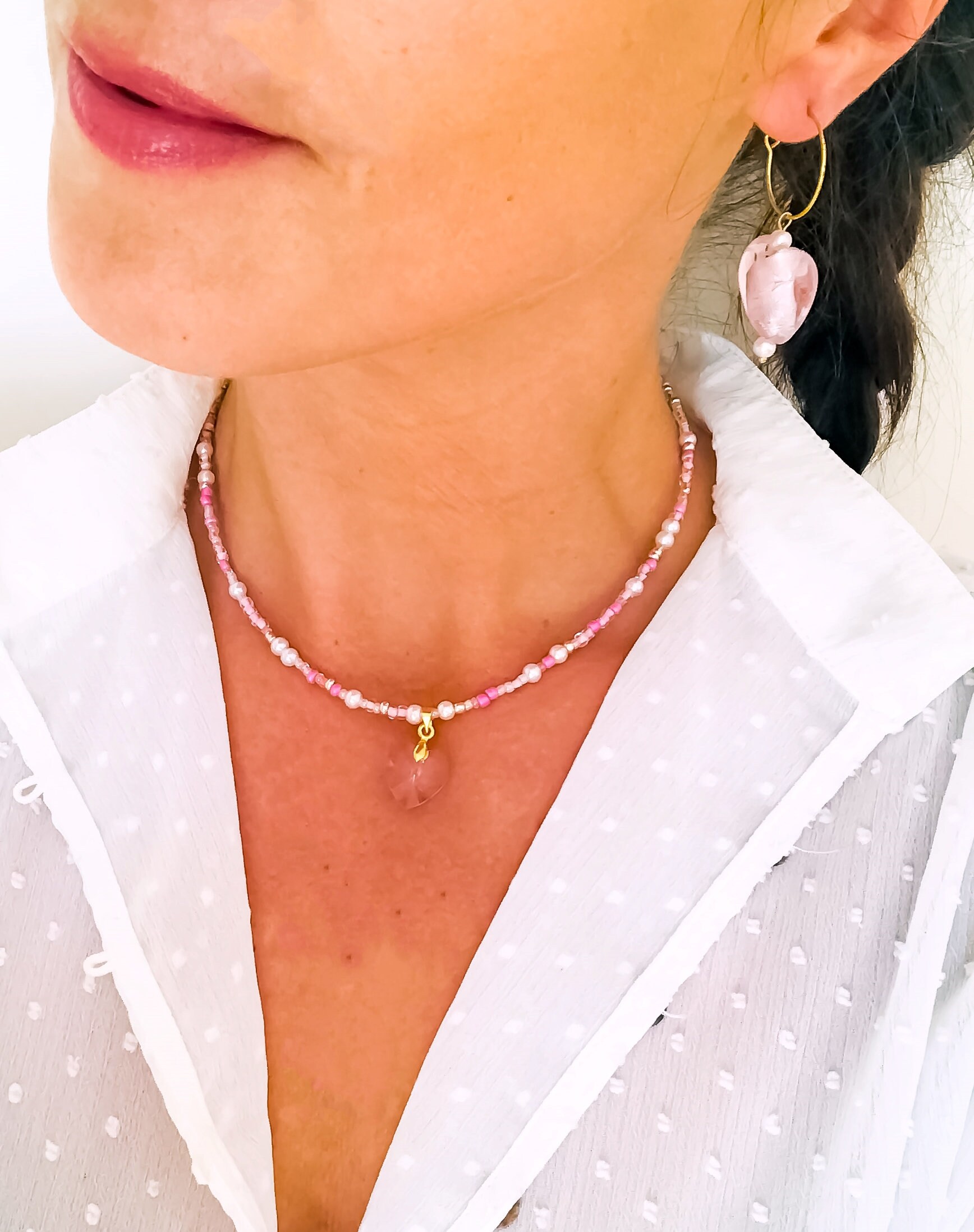 Crystal Heart Charm Colorful Beaded Necklace, Heart Pendant, Love ...