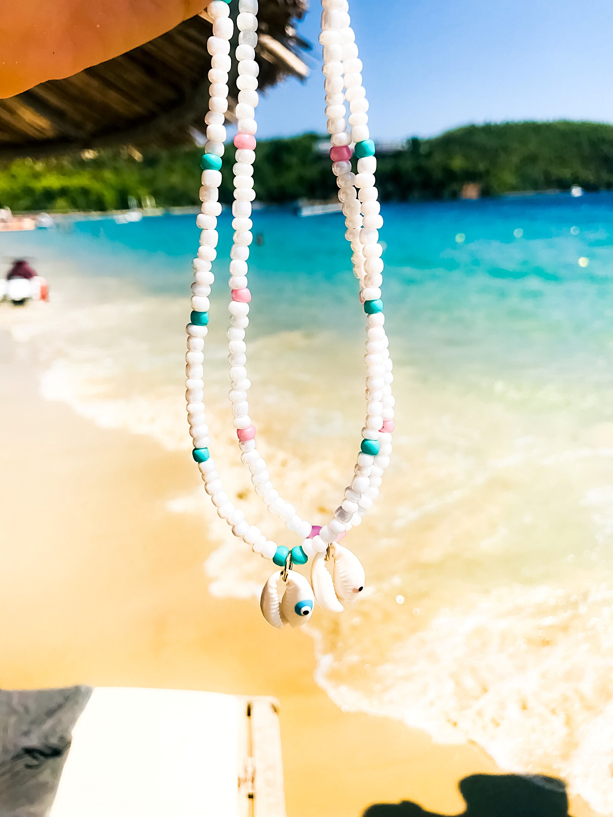 EVIL EYE SEASHELL White Beaded Necklace Evil Eye Cowrie Shell - Etsy