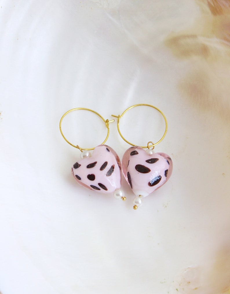 Murano-style Puffed Heart Gold Hoop Earrings QUEEN OF HEARTS Heart ...