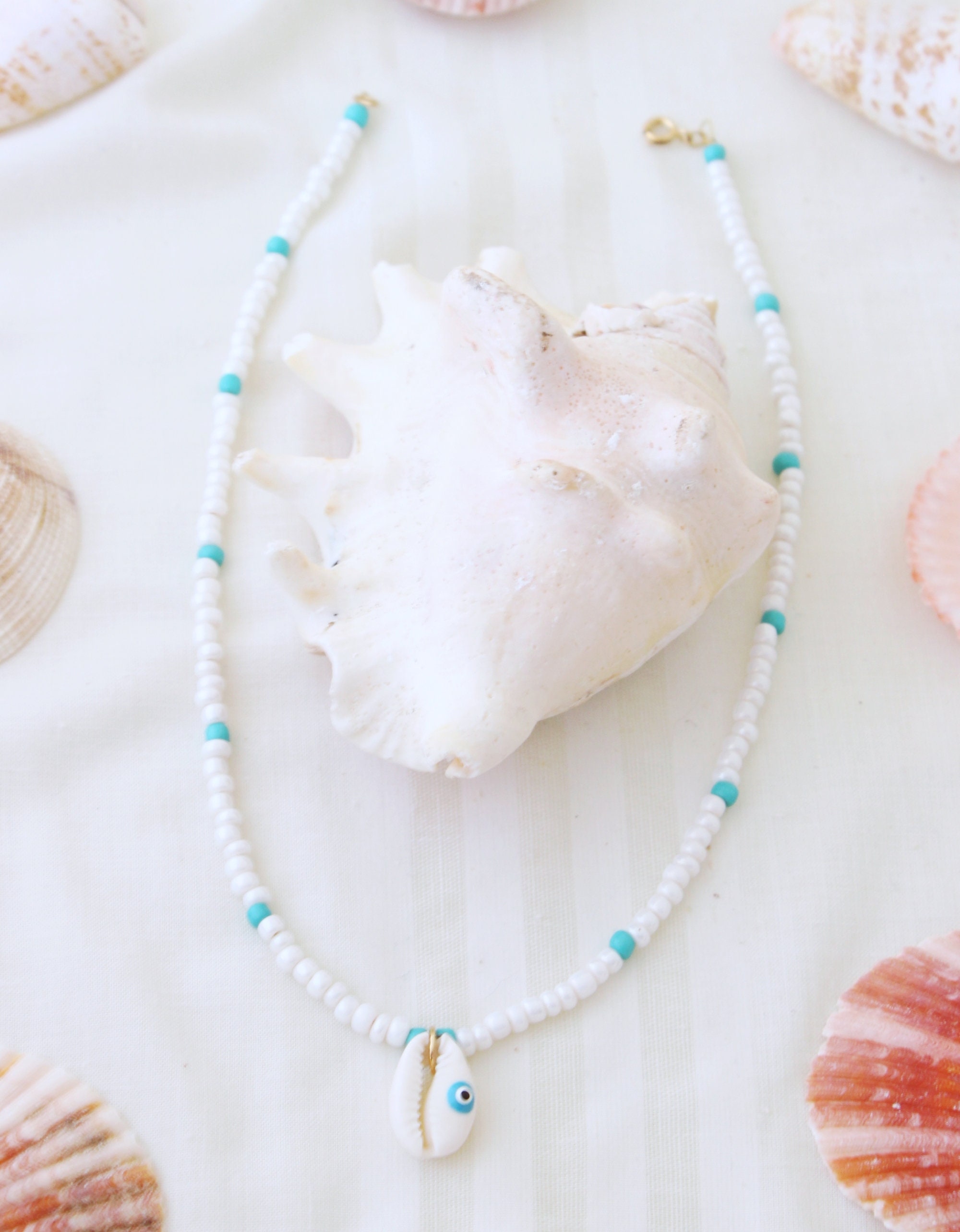EVIL EYE SEASHELL White Beaded Necklace Evil Eye Cowrie Shell - Etsy