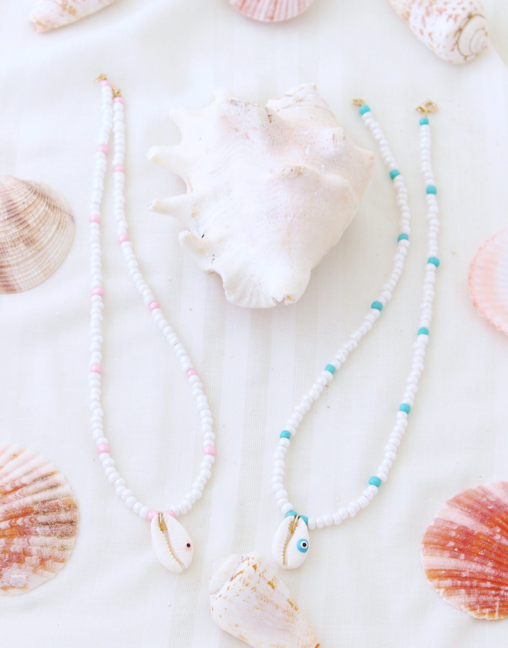 EVIL EYE SEASHELL White Beaded Necklace Evil Eye Cowrie Shell - Etsy