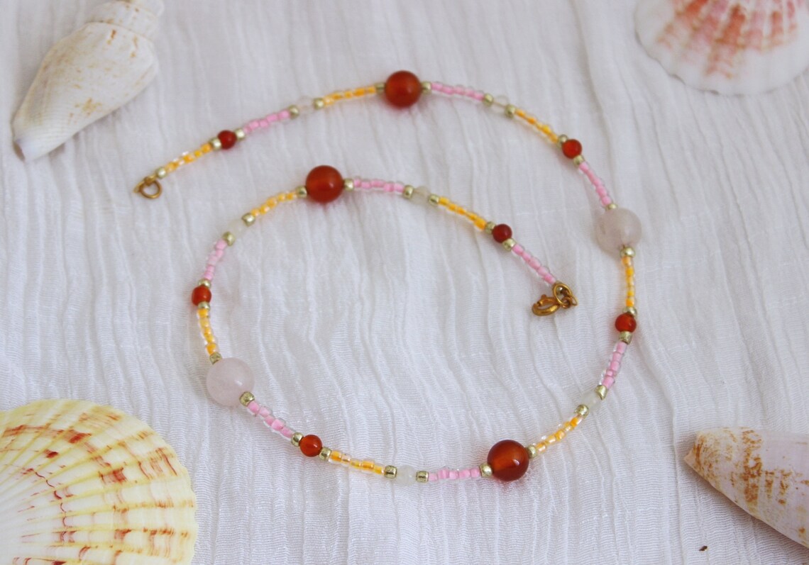 Carnelian/rose Quartz/pink MOP Pink-orange Beaded Choker Necklaces ...