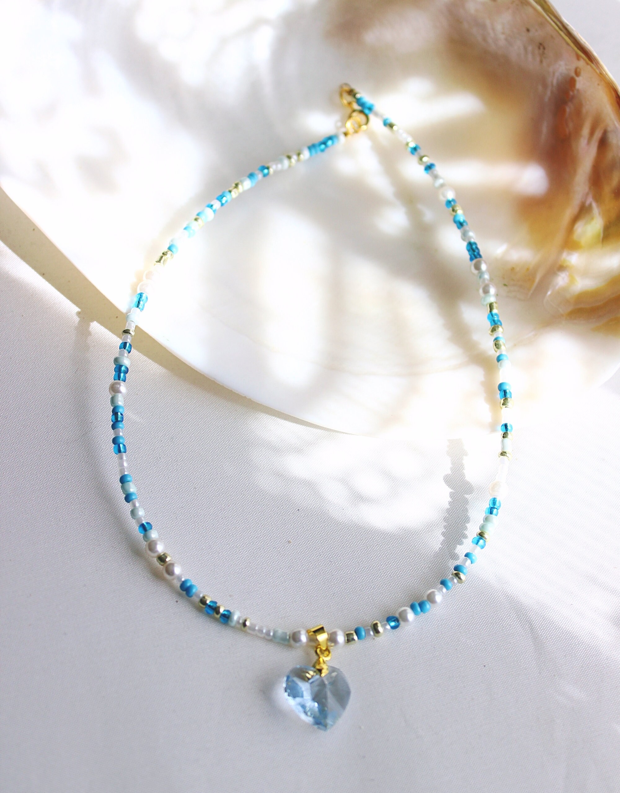 Crystal Heart Charm Colorful Beaded Necklace, Heart Pendant, Love ...