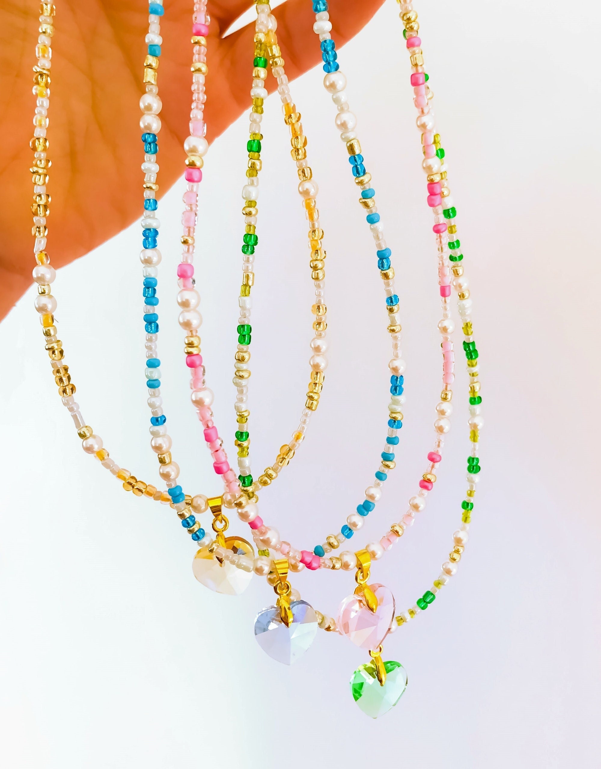 Crystal Heart Charm Colorful Beaded Necklace, Heart Pendant, Love ...