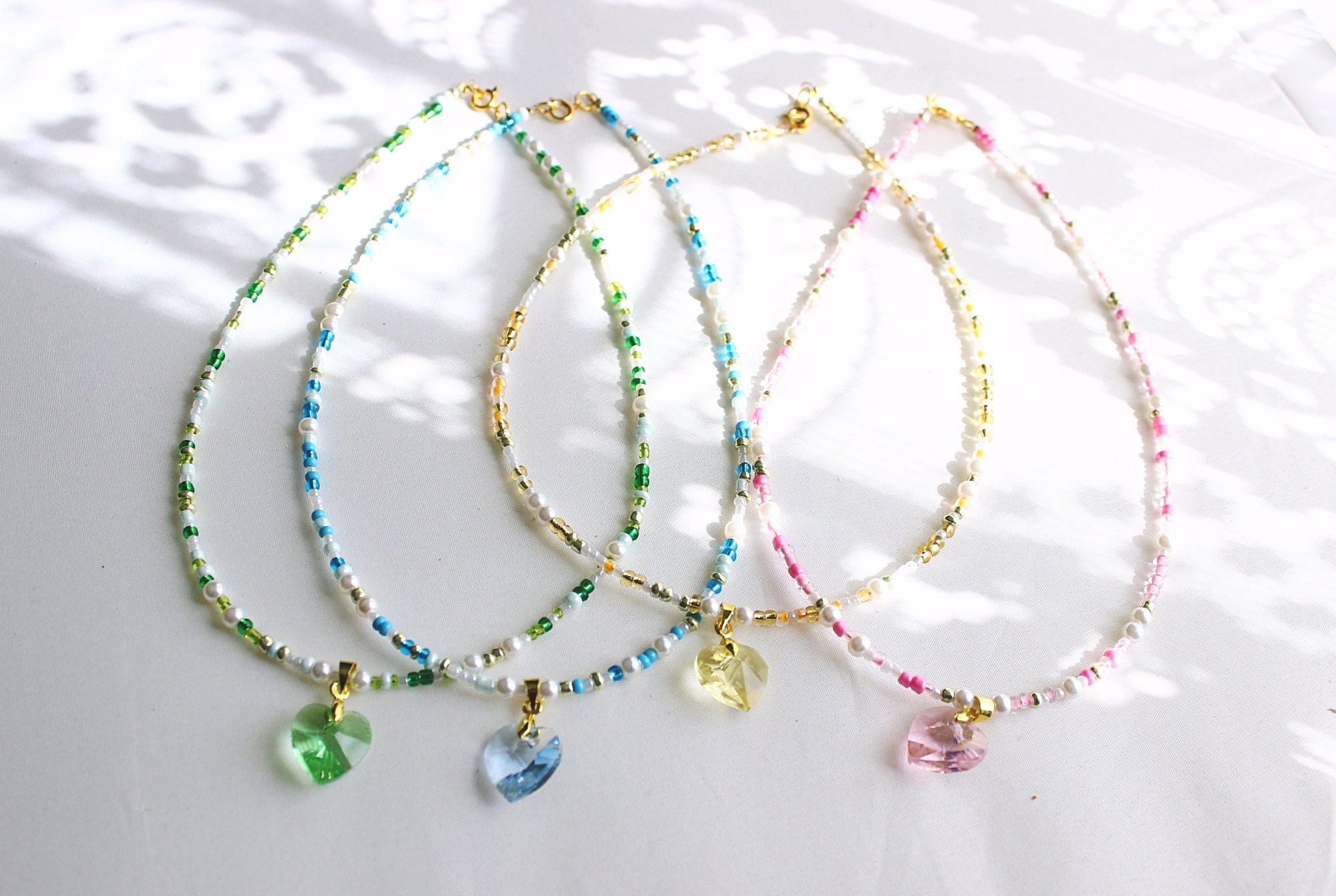 Crystal Heart Charm Colorful Beaded Necklace, Heart Pendant, Love ...
