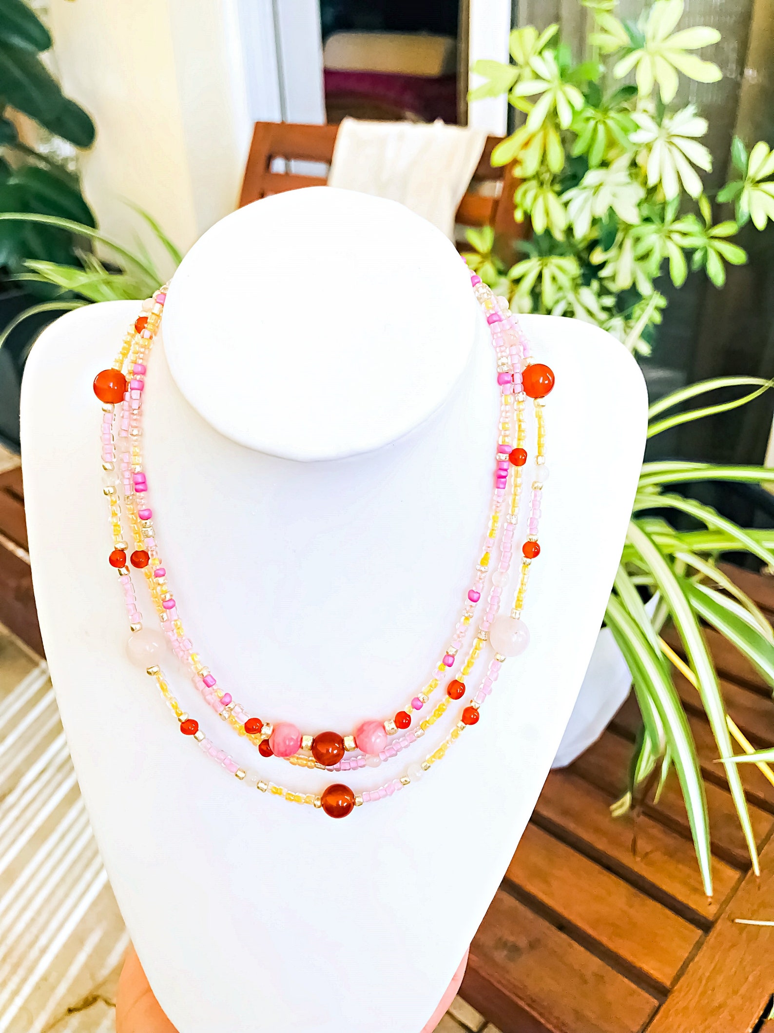 Carnelian/rose Quartz/pink MOP Pink-orange Beaded Choker Necklaces ...