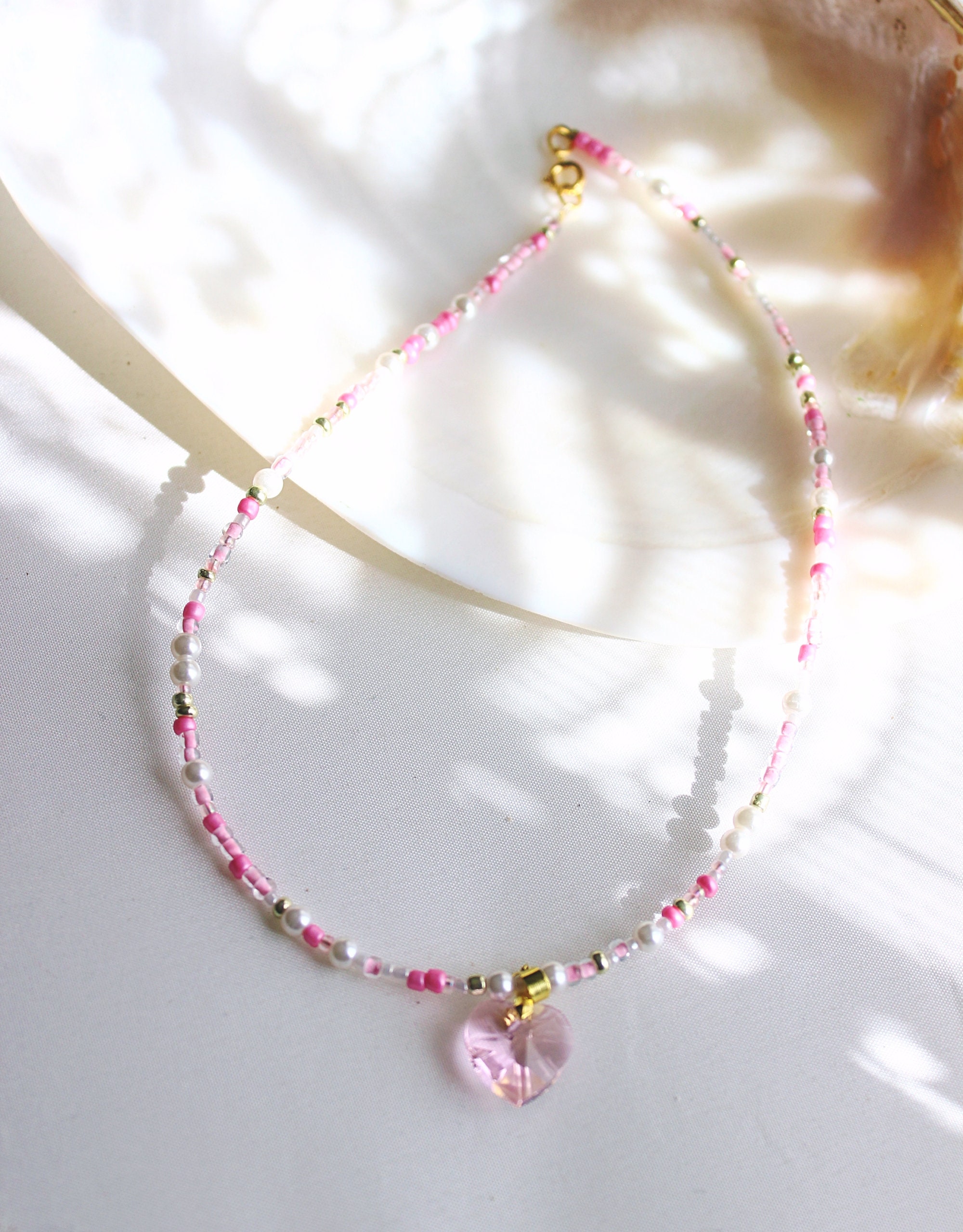 Crystal Heart Charm Colorful Beaded Necklace, Heart Pendant, Love ...