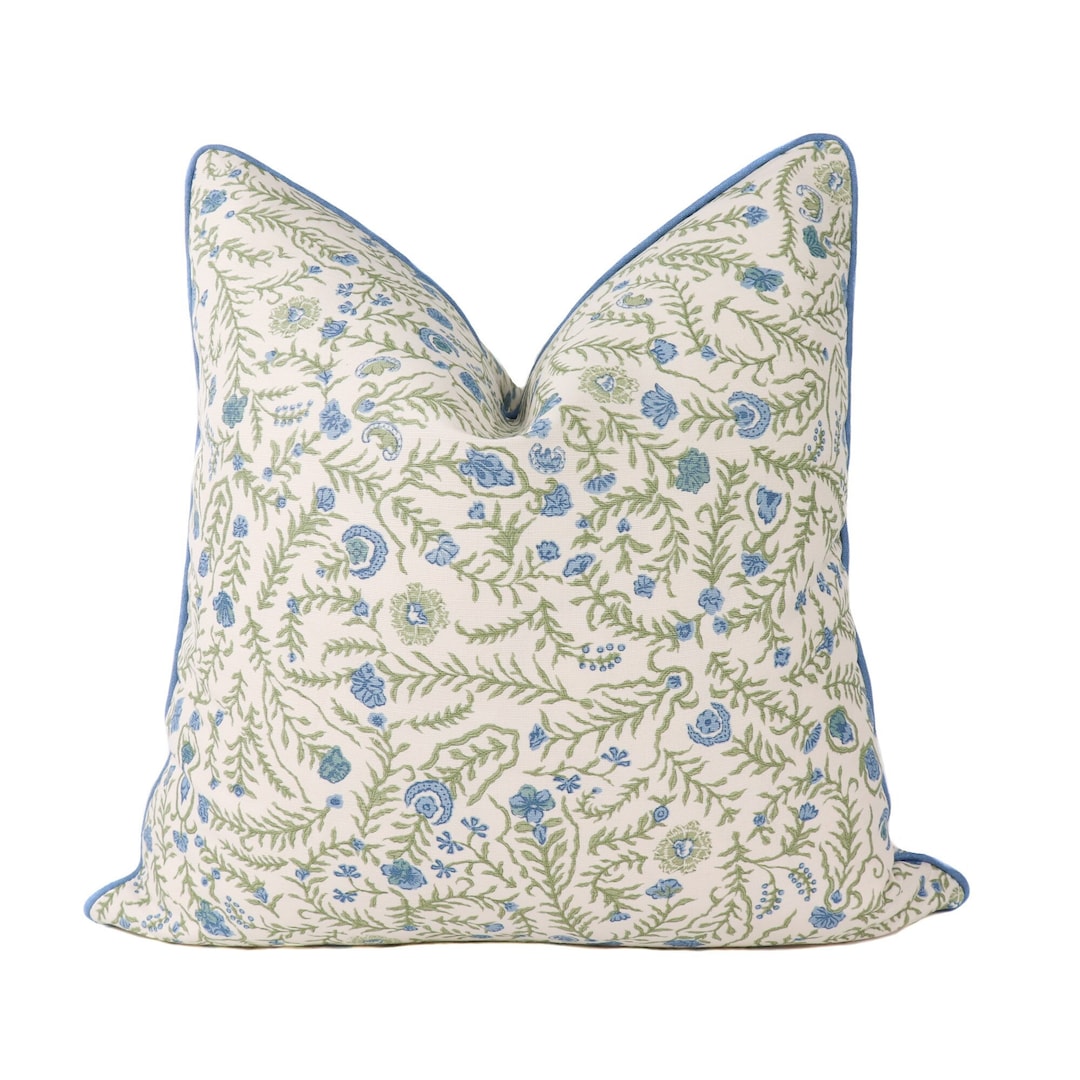 Pillow Cover With CONTRAST WELT /bennison Cinnabar Green Blue on Oyster ...