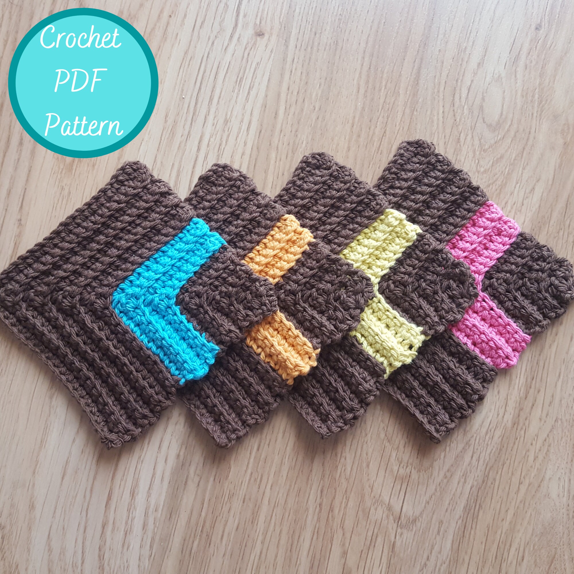 Retro Crochet Coasters Pattern, Square Crochet Coasters, Colorful ...