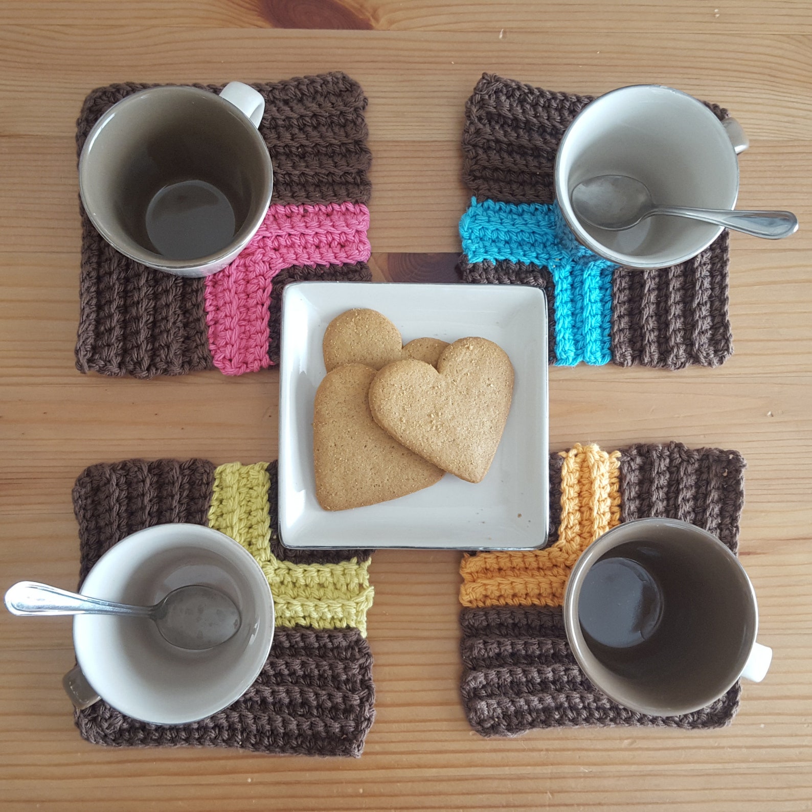 Retro Crochet Coasters Pattern, Square Crochet Coasters, Colorful ...