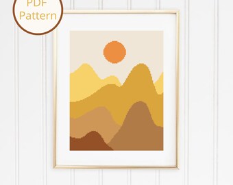 Abstract Landscape Cross Stitch Pattern in Shades of Blue, Nature Cross ...