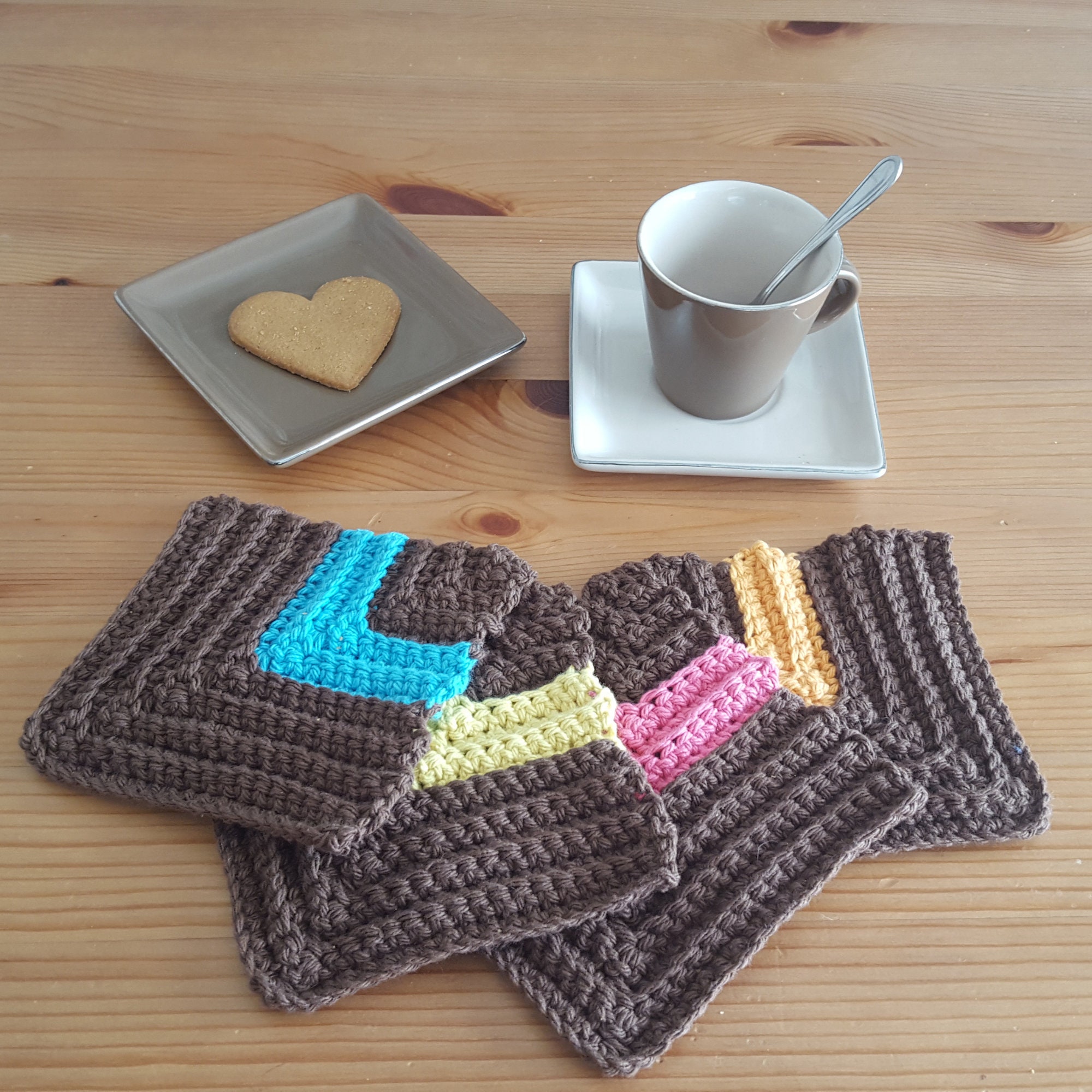 Retro Crochet Coasters Pattern, Square Crochet Coasters, Colorful ...
