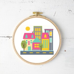 City Houses Cross Stitch Pattern, Townhouse Cross Stitch, Colorful City ...