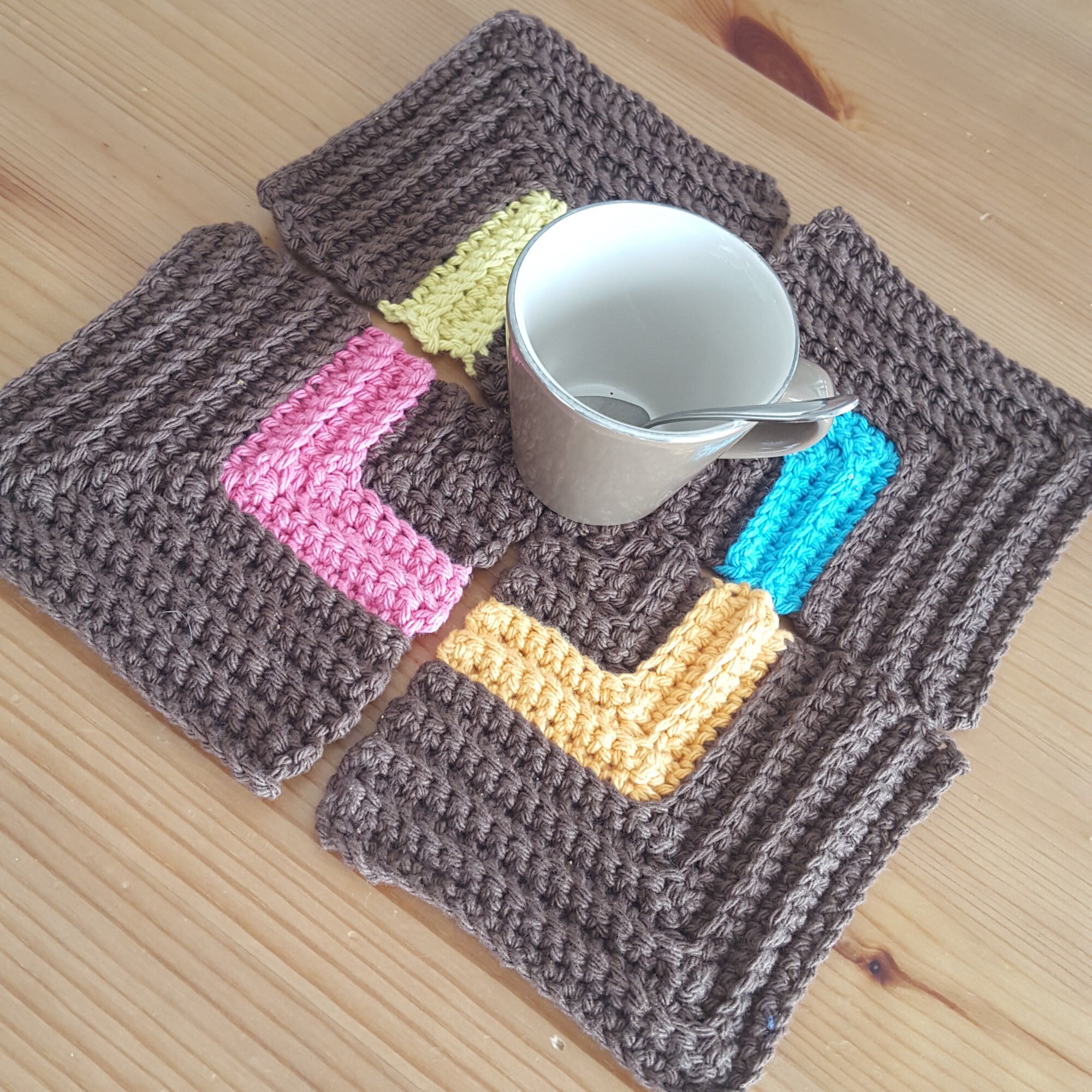 Retro Crochet Coasters Pattern, Square Crochet Coasters, Colorful ...