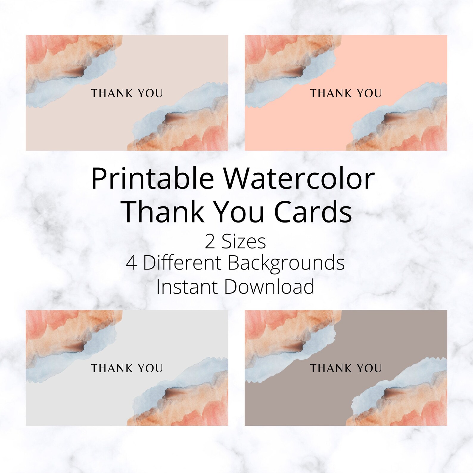 Printable Watercolor Thank You Cards, 2 Sizes, 4 Different Background ...