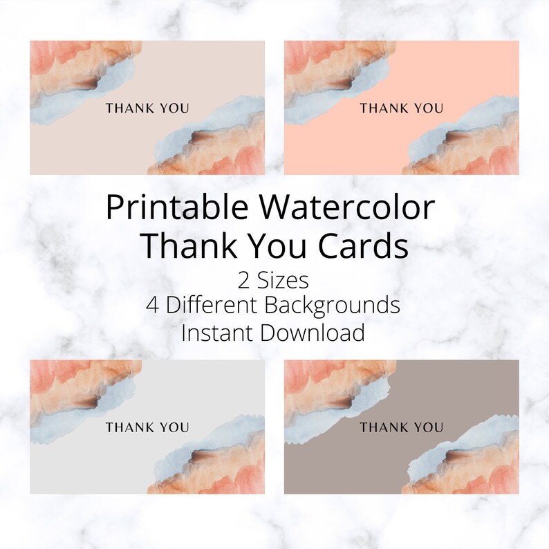 Printable Watercolor Thank You Cards, 2 Sizes, 4 Different Background ...