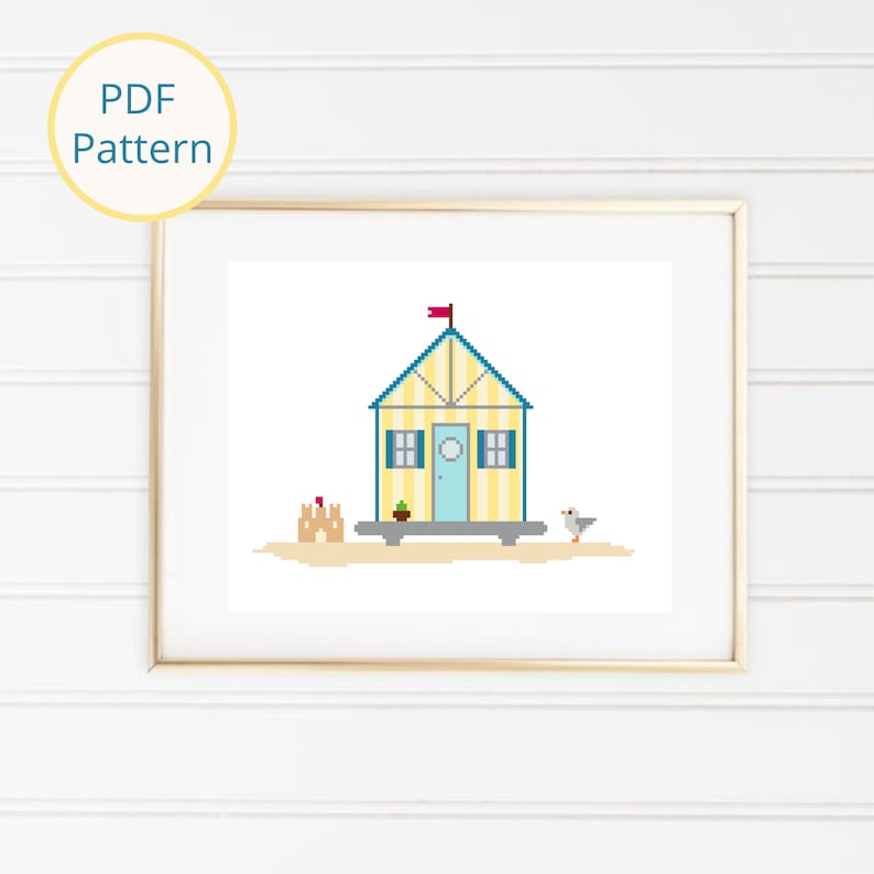 Beach Hut Cross Stitch Pattern, Beach House With Sandcastle, Flag and ...