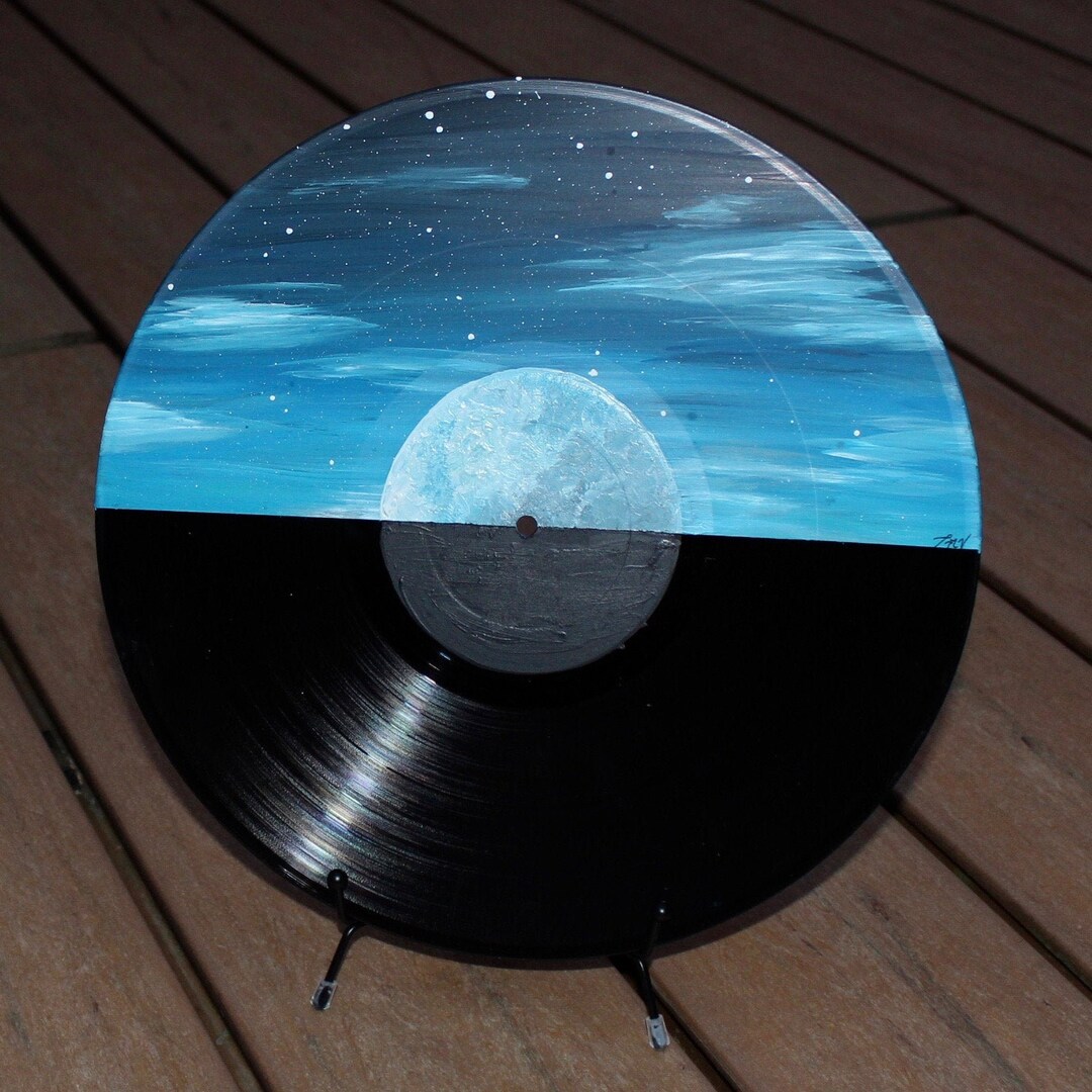 Night Sky With the Moon and Clouds on a Vinyl Record Acrylic Painting ...