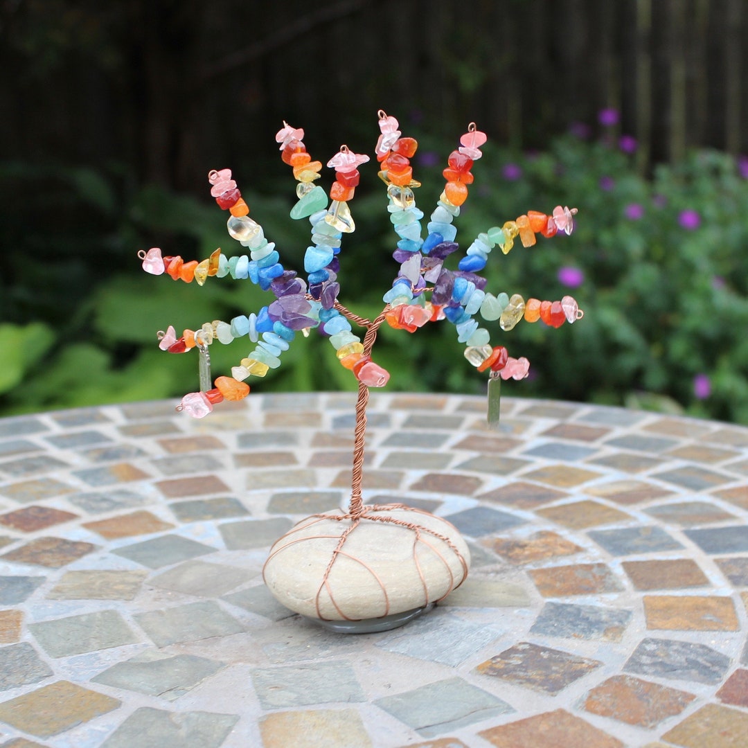 Rainbow Colored Crystal Rock Wire Tree Sculpture With "love" and "peace ...