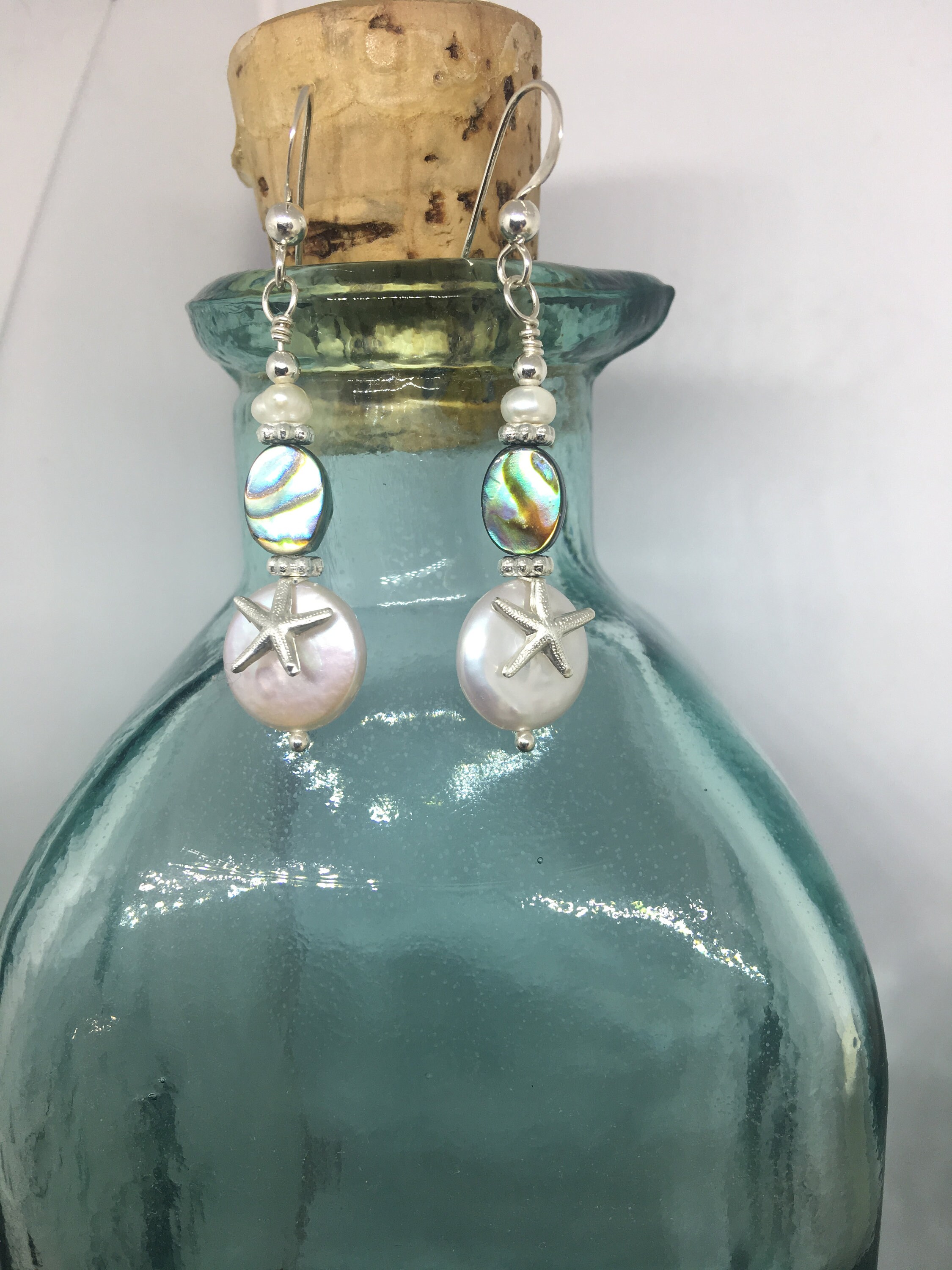 Silver Starfish Coin Pearl and Paua Shell Dangle Earrings - Etsy