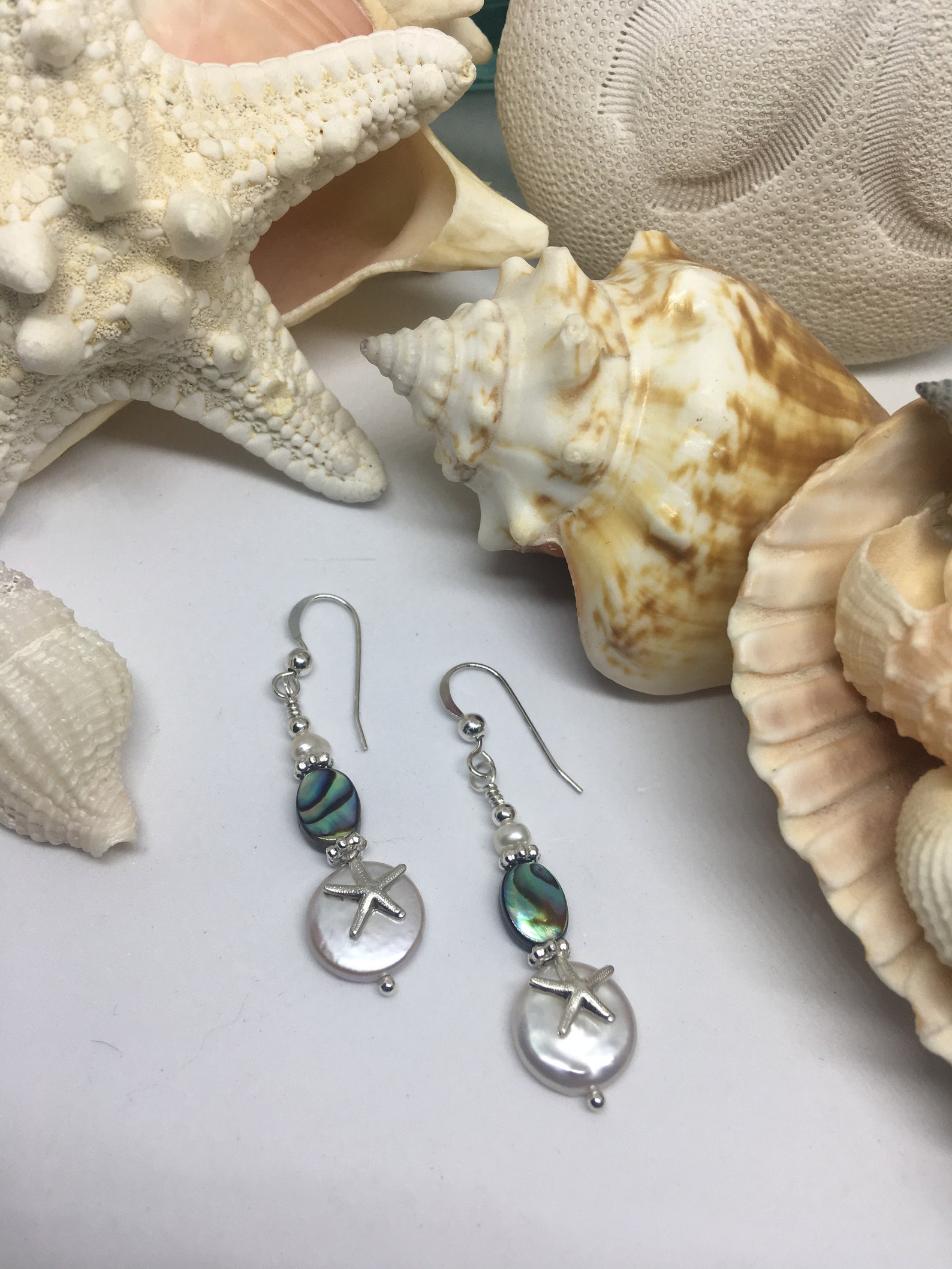 Silver Starfish Coin Pearl and Paua Shell Dangle Earrings - Etsy