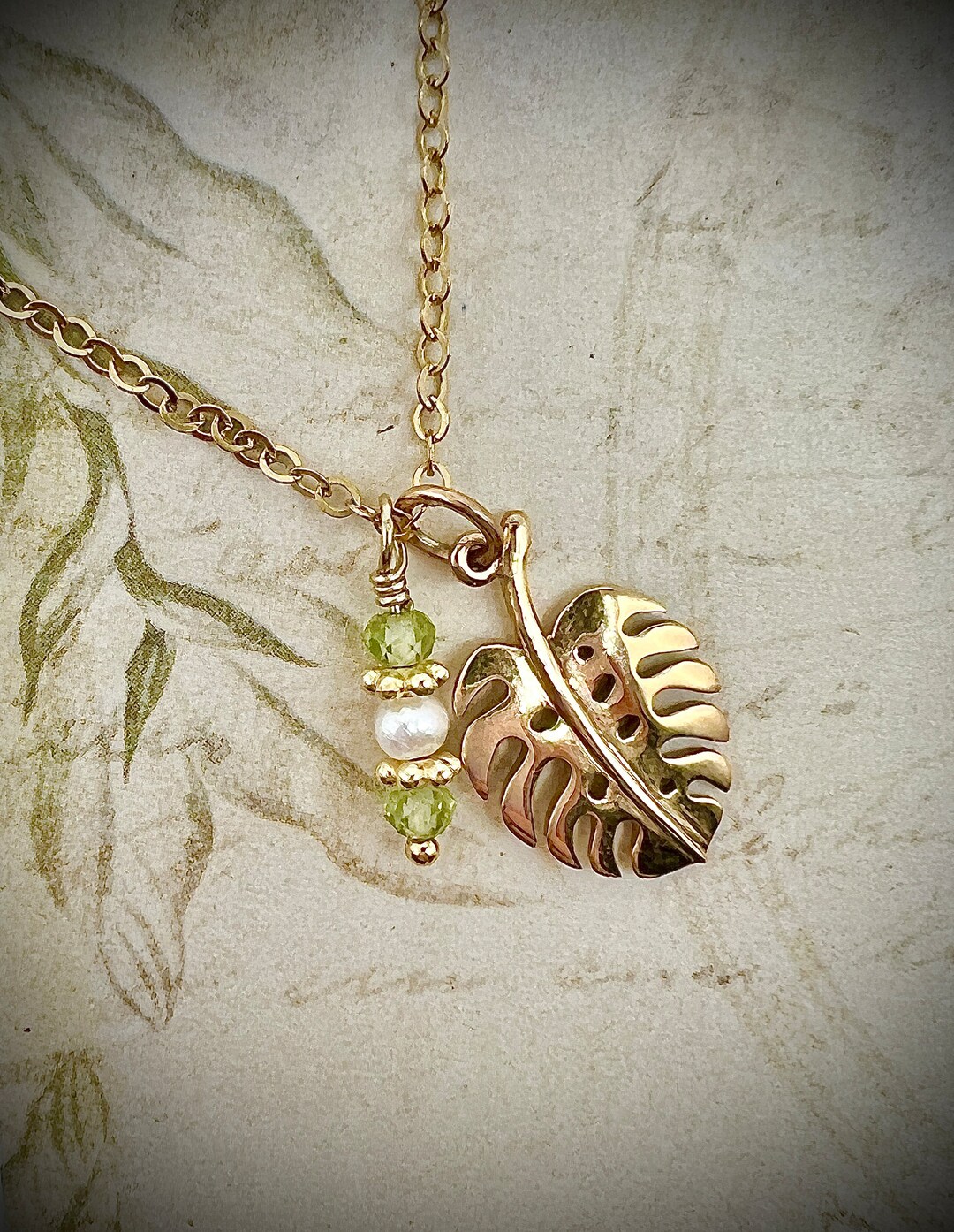 Gold Monstera Leaf With Peridot and Pearl Charm Necklace, Tropical ...