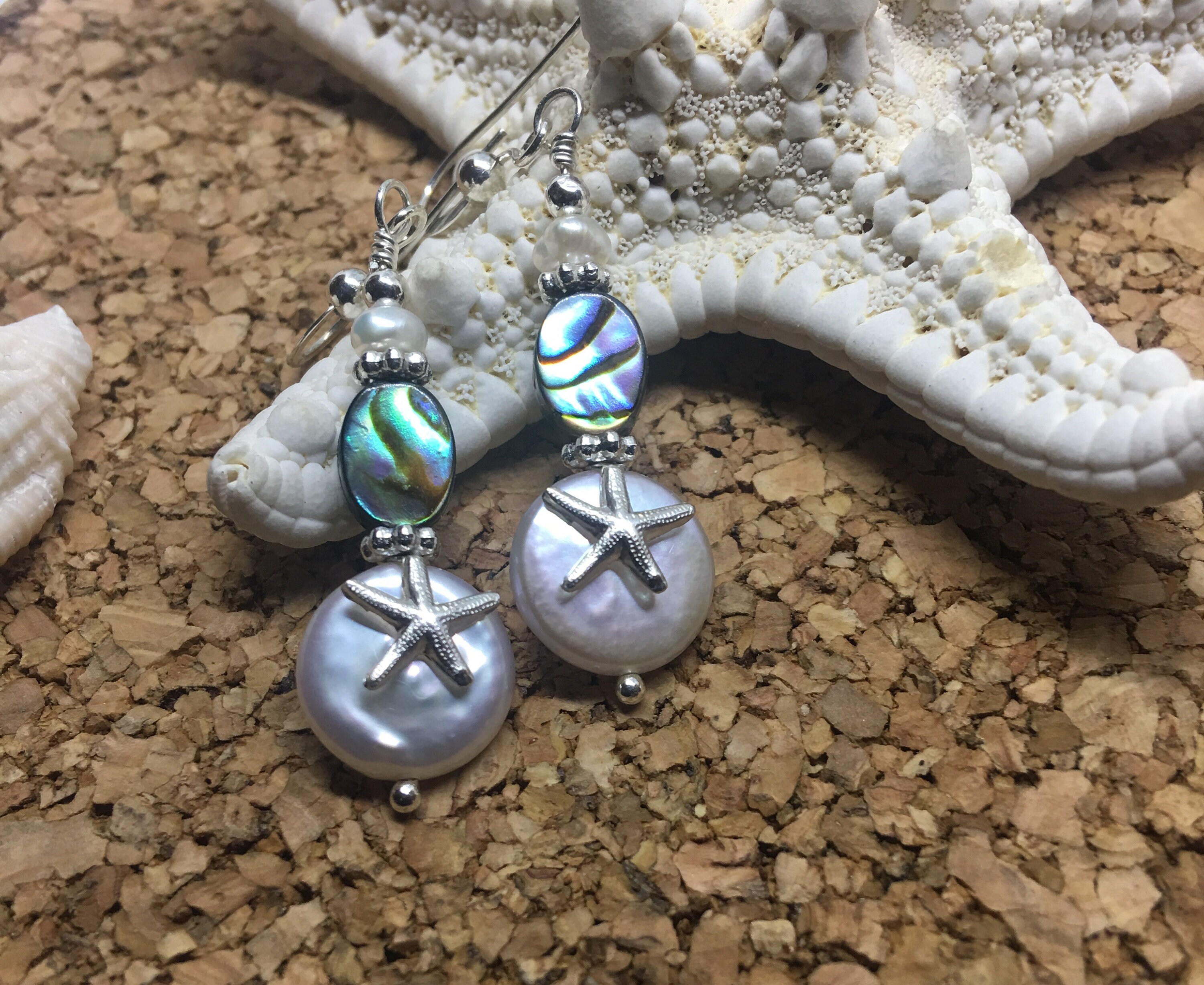 Silver Starfish Coin Pearl and Paua Shell Dangle Earrings - Etsy