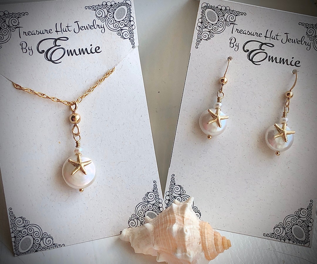 Gold Starfish and Coin Pearl Necklace and Matching Earrings Set, Bridal ...