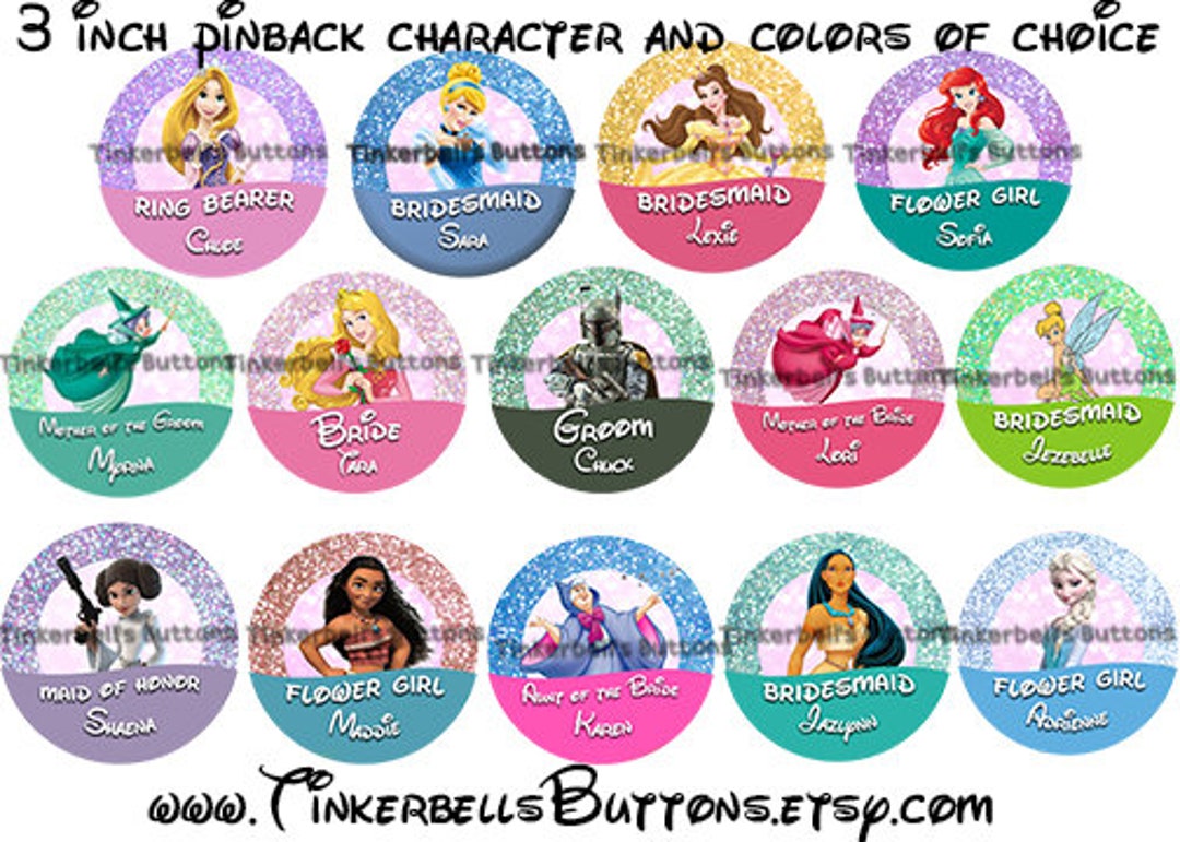 Disney Wedding Party Buttons-princess Wedding Buttons-disney Bridesmaid ...