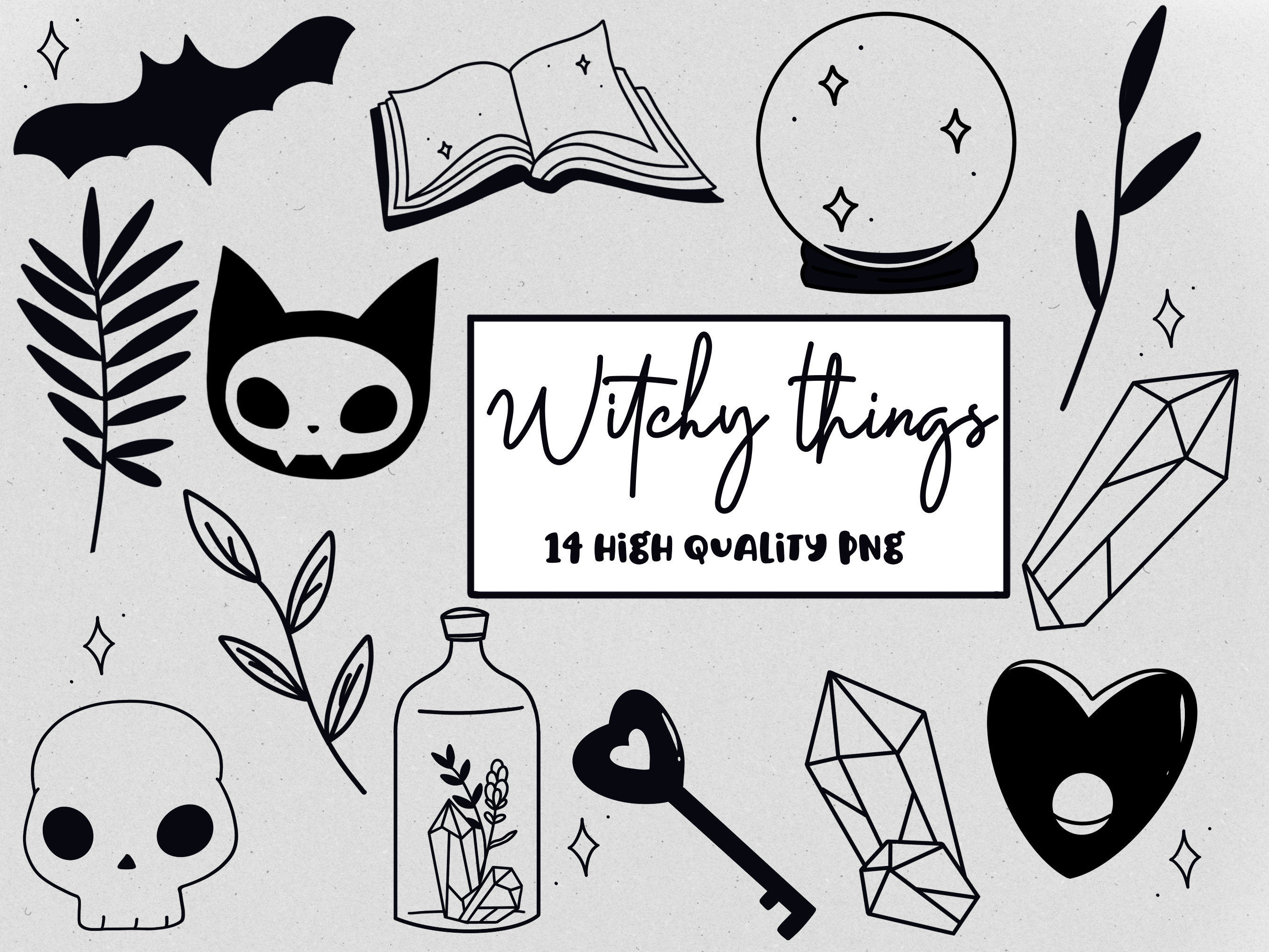 Witchy Things Clipart Lineart | Black and White Color | Cute Celestial Halloween Spooky Hand ...