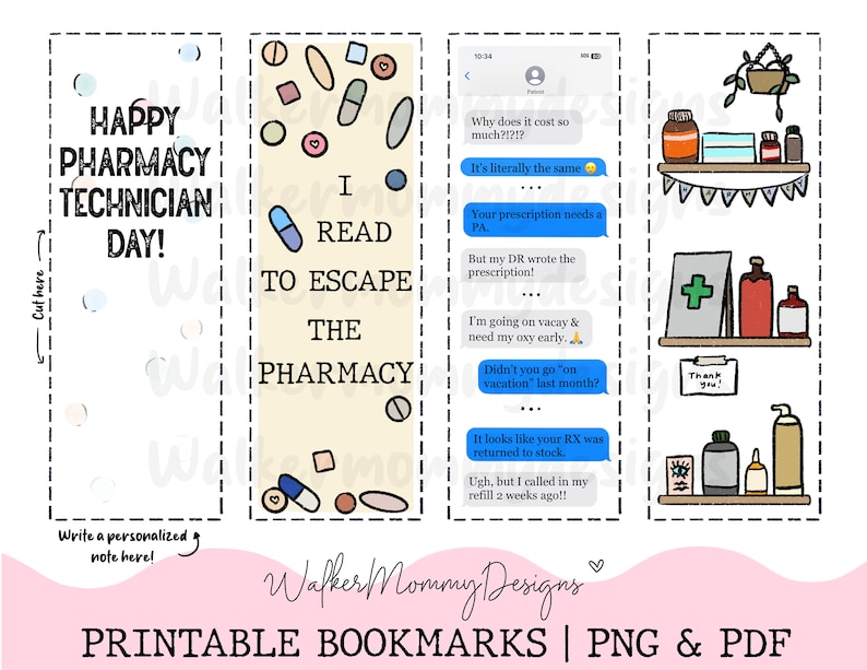 Printable Pharmacy Technician Bookmarks, Cute Bookmarks for Reading, Bookish, Gifts, Whimsical ...