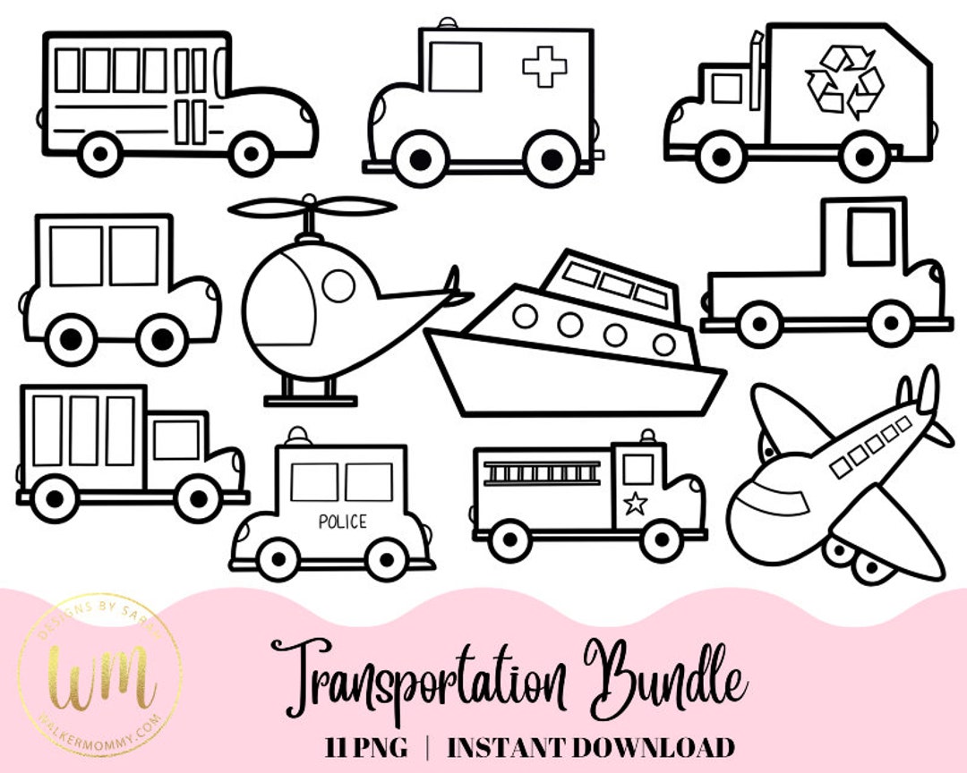 Transportation Line Art Bundle | Cars Truck Airplane Helicopter Doodle ...
