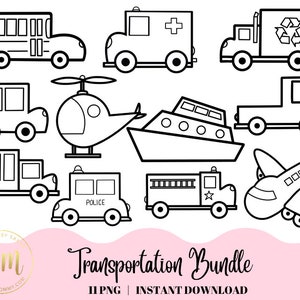 Transportation Line Art Bundle | Cars Truck Airplane Helicopter Doodle ...