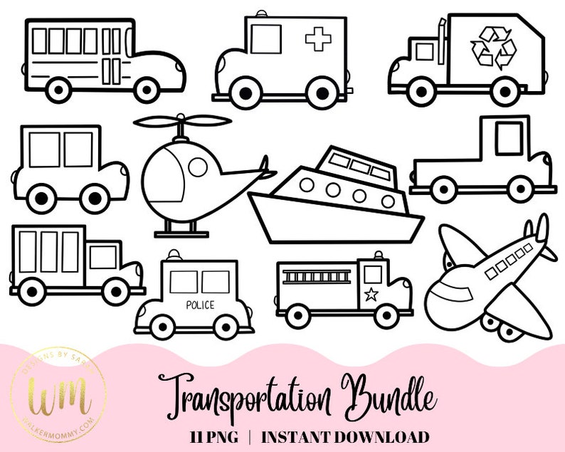 Transportation Line Art Bundle | Cars Truck Airplane Helicopter Doodle ...