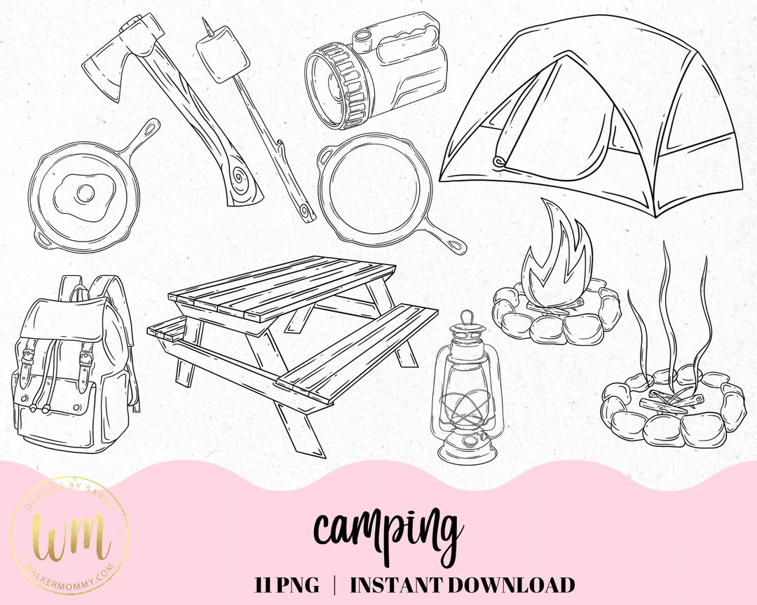 Camping Lineart Clipart | Botanical, Nature Images, Cute Tent Picnic ...