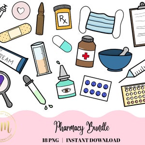 Pharmacy Clipart Bundle | Medical Doodle | Hand Drawn PNG Elements ...