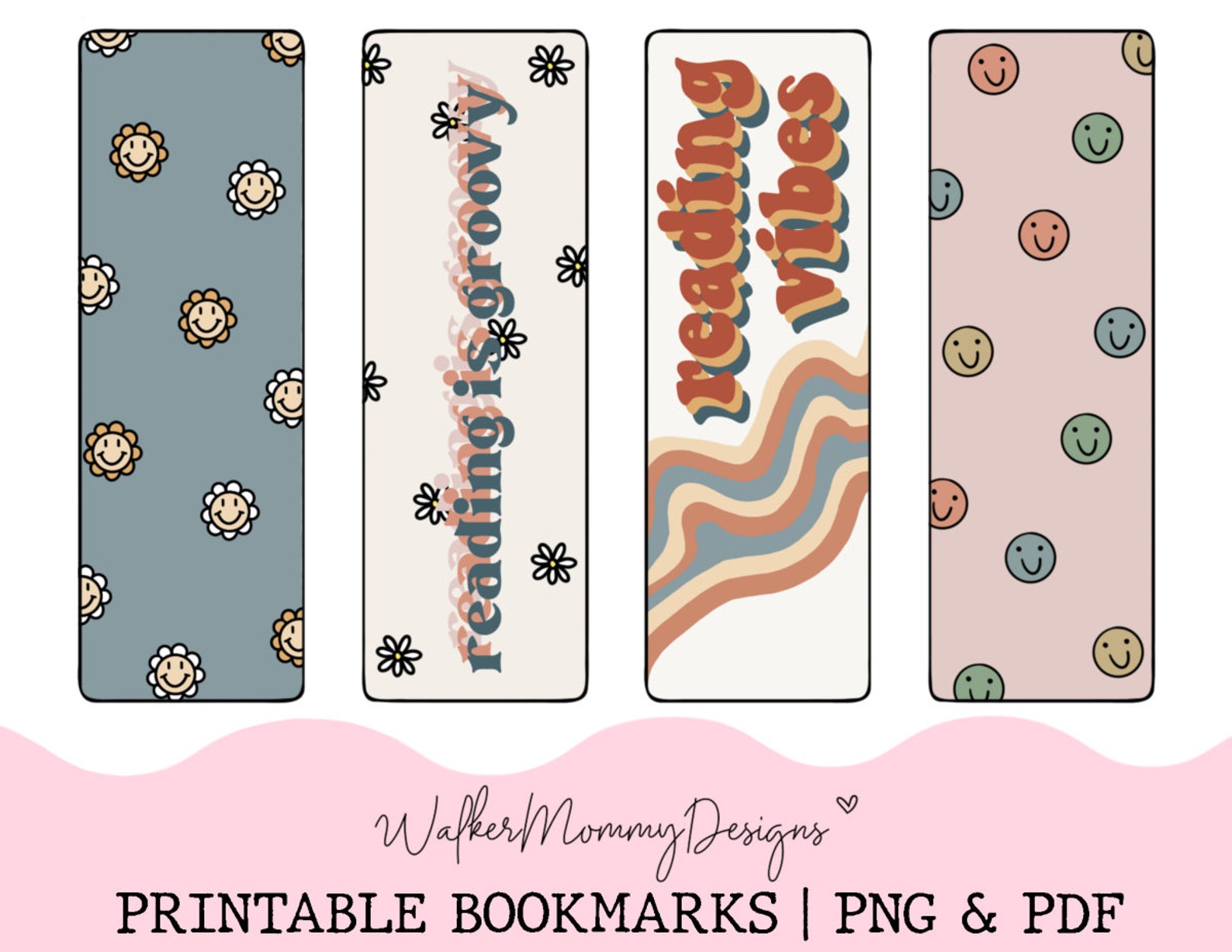 Printable Trendy Groovy Bookmarks, Cute Bookmarks for Reading, Bookish ...