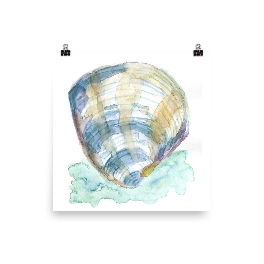 Watercolor Blue Seashell Painting Print - Etsy