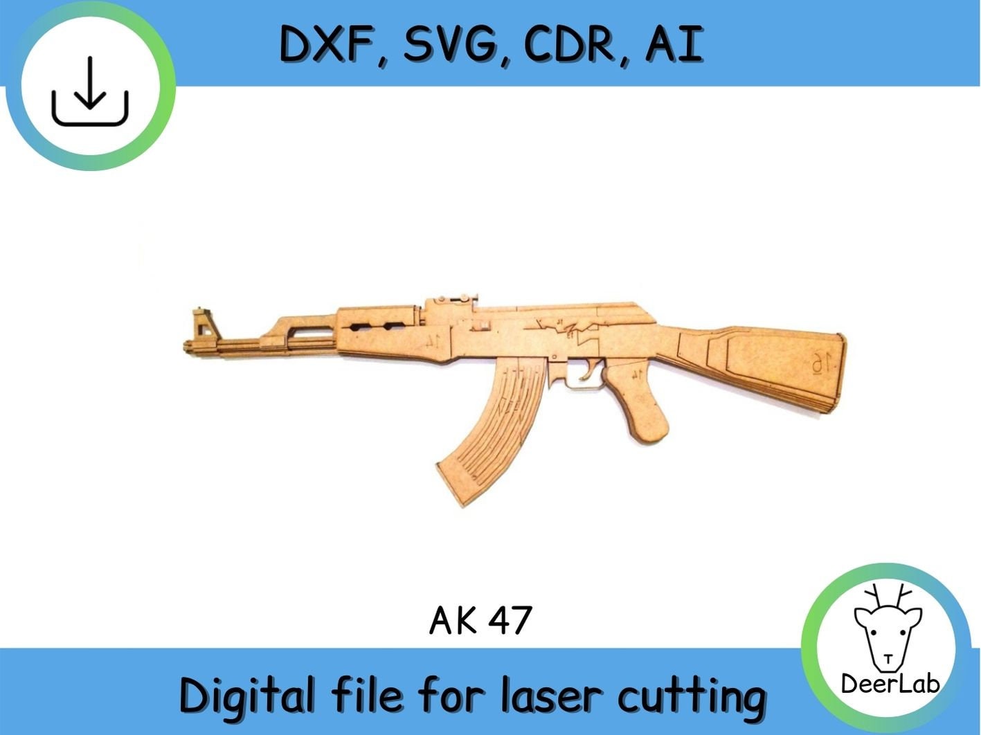 AK-47 Submachine Gun Model 3D Wooden Puzzle, Laser Cut Svg Dxf, CNC ...