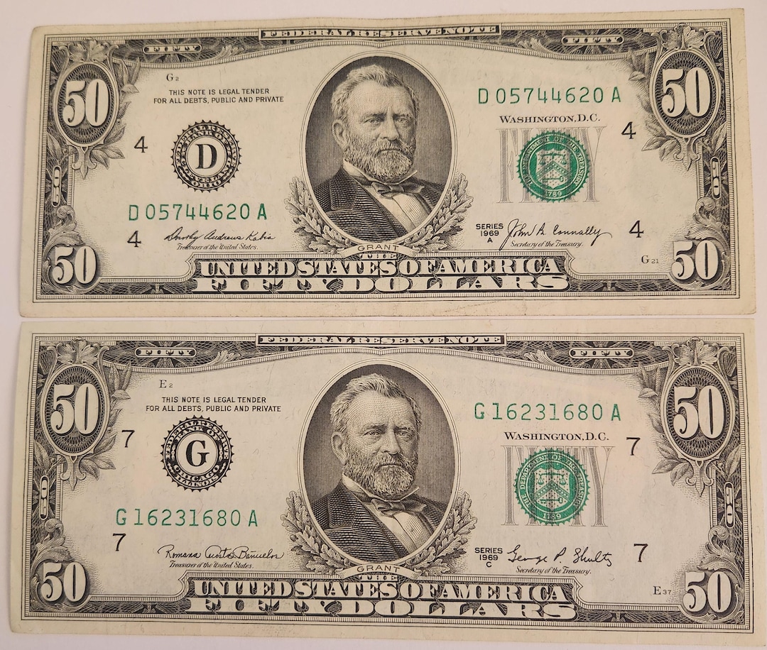 1969 50 Dollar Federal Reserve Note FRN United States Green Seal Series ...