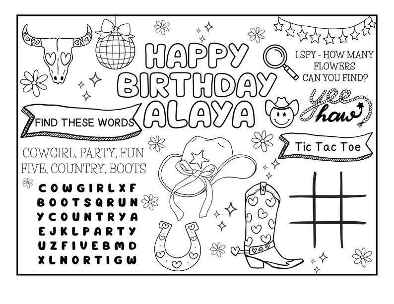 Cowgirl Birthday Coloring Page Placemat: Editable Template (digital ...