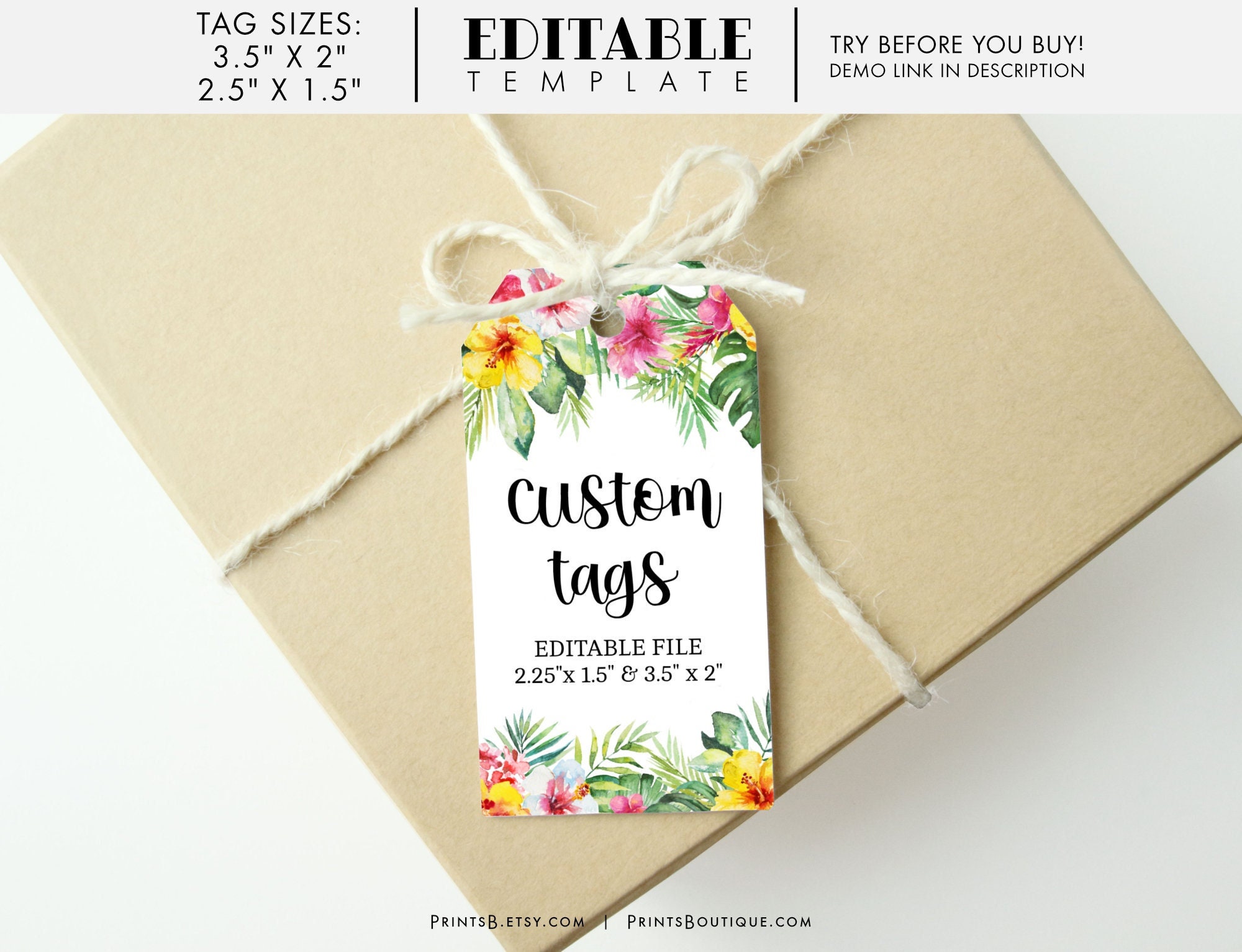 Editable Custom Tag Template, Tropical Hibiscus Flowers and Leaves ...